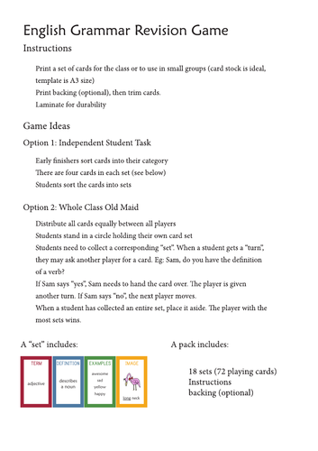 English Grammar Card Game | Teaching Resources