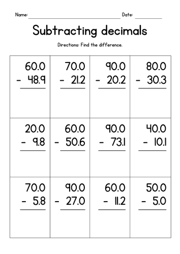 Subtracting 1-Digit Decimals in Columns from Round Numbers | Teaching ...