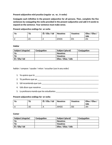 Present subjunctive mini practice regular verbs | Teaching Resources
