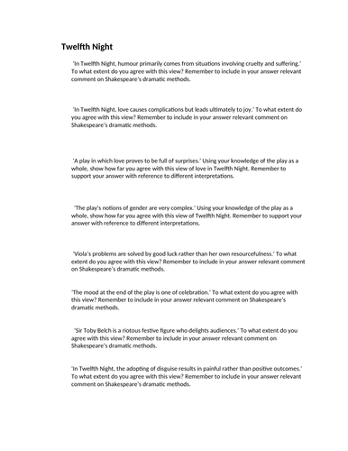 A LEVEL ENGLISH LITERATURE TWELFTH NIGHT ESSAY QUESTIONS | Teaching ...