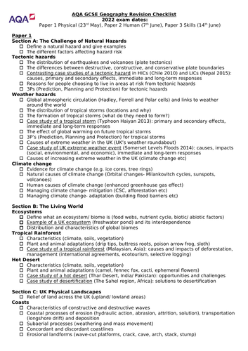 AQA GCSE Geography 9-1: Revision Checklist | Teaching Resources AQA GCSE Geography 9-1: Revision Checklist | Teaching Resources