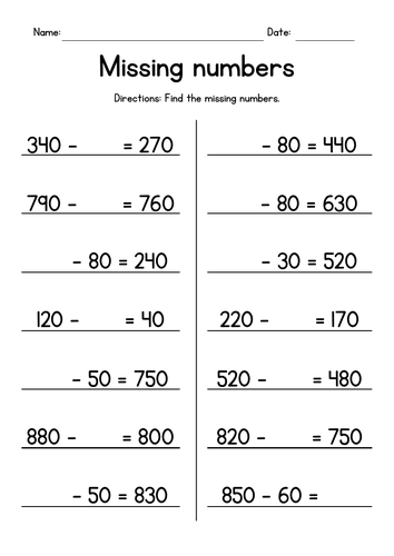 Subtracting Whole Tens - Missing Numbers | Teaching Resources