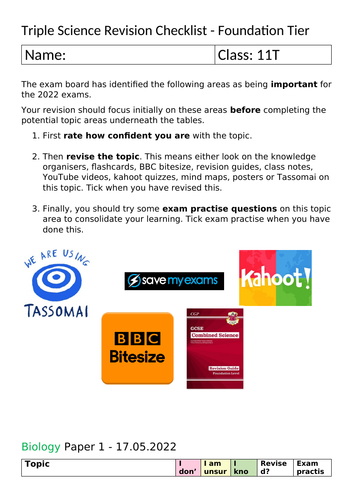 Edexcel Revision Checklist Triple Science Foundation Tier 2022 ...