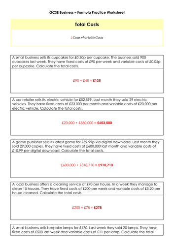 GCSE Business - Total Costs Practice | Teaching Resources