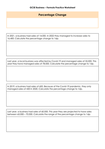 GCSE Business - Percentage Change Practice | Teaching Resources