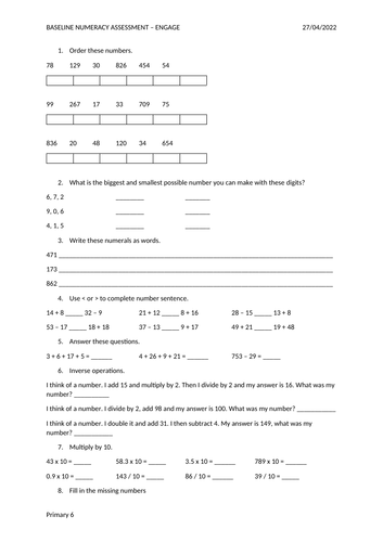 Baseline assessment term 1,2&3 - P6 | Teaching Resources