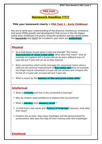BTEC Tech Award HSC Component 1 Childhood 2024-2025 | Teaching Resources