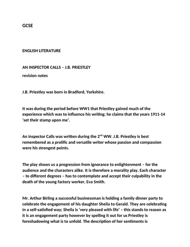 GCSE ENGLISH LITERATURE An Inspector Calls mock questions | Teaching ...