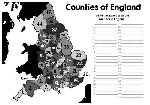 Counties of England (Numbered map) | Teaching Resources