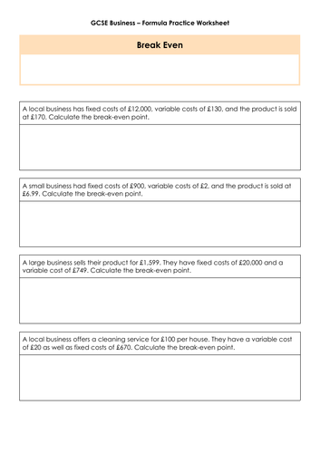GCSE Business - Break Even Practice | Teaching Resources