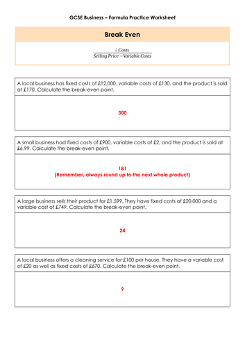 GCSE Business - Break Even Practice | Teaching Resources