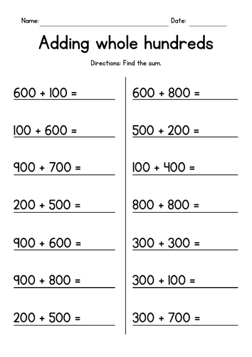 Adding Whole Hundreds - Addition Worksheets | Teaching Resources