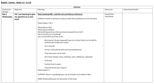 KS2 - Cosmic by Frank Cottrell-Boyce - 4 Week Writing Unit | Teaching ...