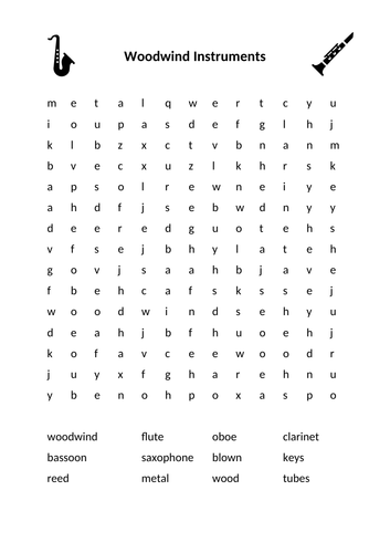 Woodwind Instruments Wordsearch | Teaching Resources