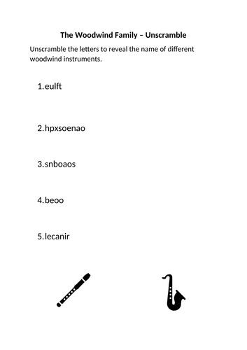 Woodwind Instruments Unscramble Activity | Teaching Resources