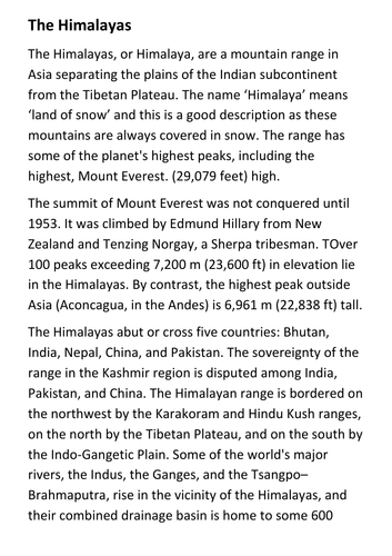 The Himalayas Handout | Teaching Resources
