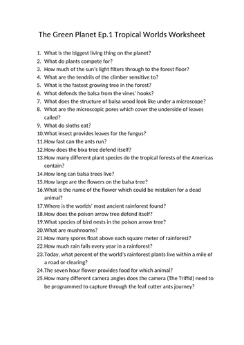 The Green Planet Ep.1 Worksheet | Teaching Resources
