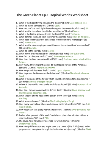 The Green Planet Ep.1 Worksheet | Teaching Resources