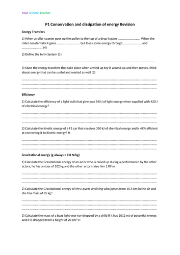 Conservation and Dissipation of Energy revision Worksheet | Teaching ...