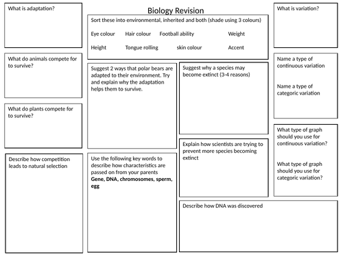 Activate Y8 B2.2 Adaptation and Inheritance Revision sheet | Teaching ...