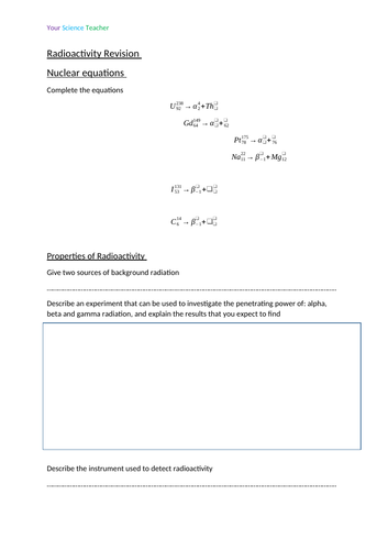 Radioactivity Revision Worksheet | Teaching Resources