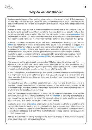 5x Shark Theme Reading Comprehension Worksheet | Teaching Resources