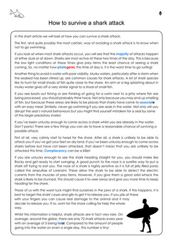 5x Shark Theme Reading Comprehension Worksheet | Teaching Resources