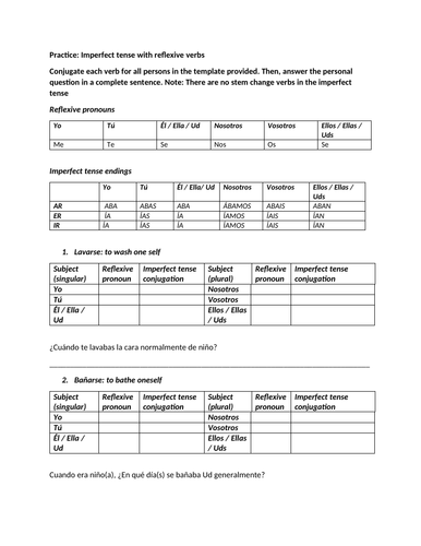 Imperfect tense reflexive verbs practice | Teaching Resources