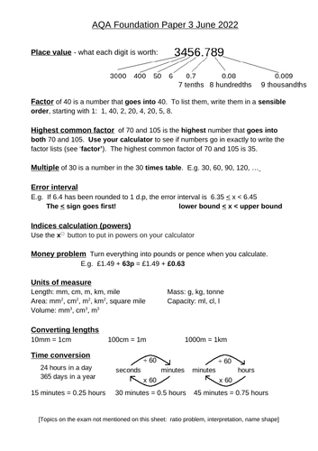 AQA GCSE Maths Revision Sheets From Advance Information June 2022 ...