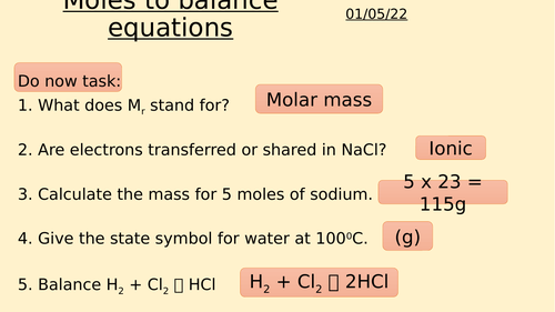 C3 Mole ratios and using moles to balance equations | Teaching Resources