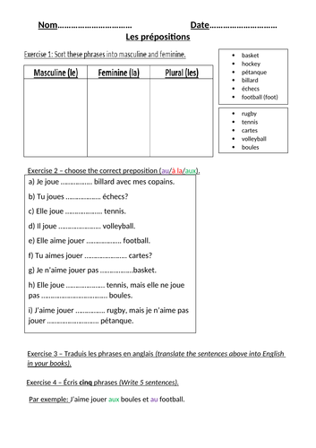 KS3 Prepositions worksheet au, à la, and aux (les prépositions ...