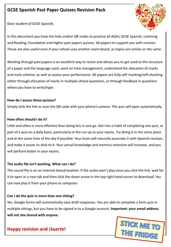 AQA GCSE Spanish Past Papers Quizzes Student Revision Pack | Teaching ...