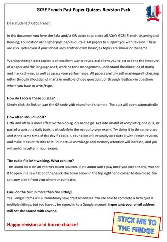 AQA GCSE French Past Papers Quizzes Student Revision Pack | Teaching ...