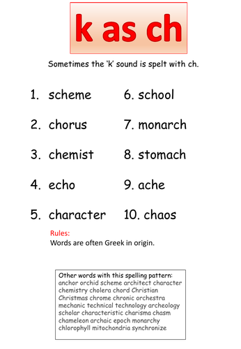 'k as ch' Spelling Booklet - Year 3/4 | Teaching Resources