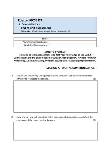 Edexcel iGCSE ICT Unit 2 Connectivity Assessment and ANSWERS | Teaching ...