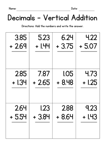 Adding 2-Digit Decimals - Vertical Addition | Teaching Resources