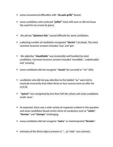 gcse french REVISION SHEET BY REFERENCE TO COMMENTS FROM AN EXAMINERS ...