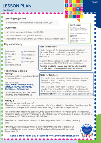 KS1 Gratitude/National Thank a Teacher Day Lesson Plan | Teaching Resources