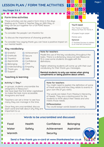 KS3&4 Gratitude/Thank a Teacher Day Lesson Plan | Teaching Resources