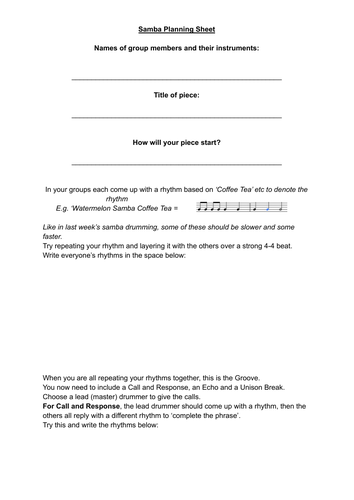 Samba Planning Sheet for KS3 - 4 | Teaching Resources