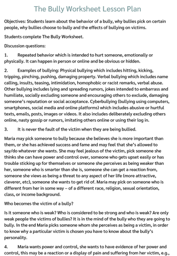 Bullying: The Bully Worksheet and Lesson (US) | Teaching Resources