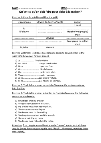 KS3 Aider a la maison - Verb Devoir - Worksheet | Teaching Resources