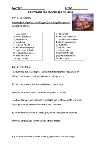 Beginners - KS3 Spanish Worksheet on Holidays - mis vacaciones en ...