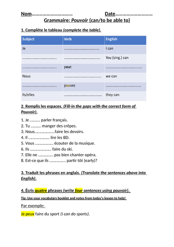 KS3 Verb "Pouvoir" Worksheet | Teaching Resources