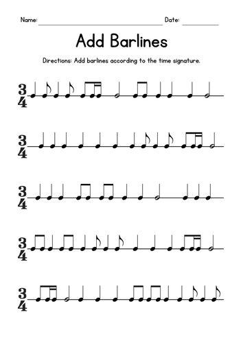Add Barlines Music Worksheets - 3/4 Time Signature Practice | Teaching ...
