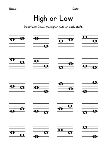 High or Low Music Worksheets - Note Reading Practice | Teaching Resources