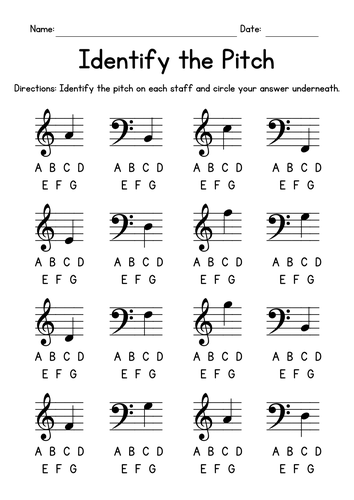 Identify The Pitch Music Worksheets - Note Reading - Bass and Treble ...