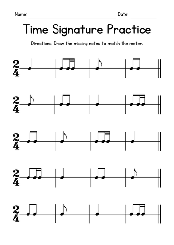 Time Signature Practice Music Worksheets - Drawing Missing Notes - 2/4 ...