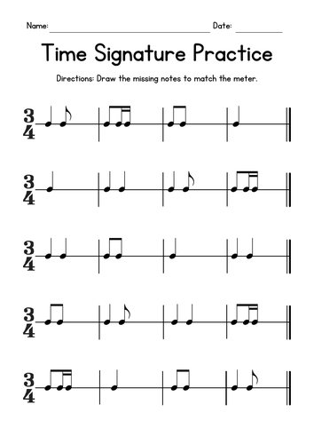 Time Signature Practice Music Worksheets - Drawing Missing Notes - 3/4 ...