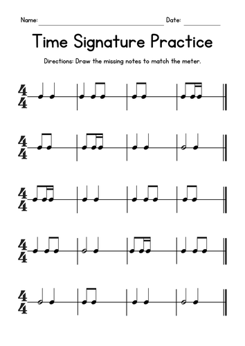 Time Signature Practice Music Worksheets - Drawing Missing Notes - 4/4 ...